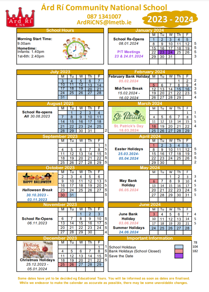 School Calendar | Ard Ri CNS